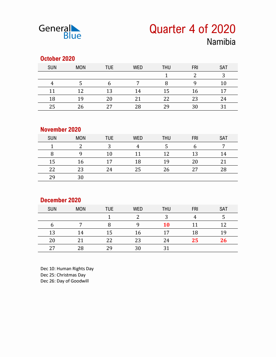 Printable Three Month Calendar with Namibia Holidays (Q4 2020)