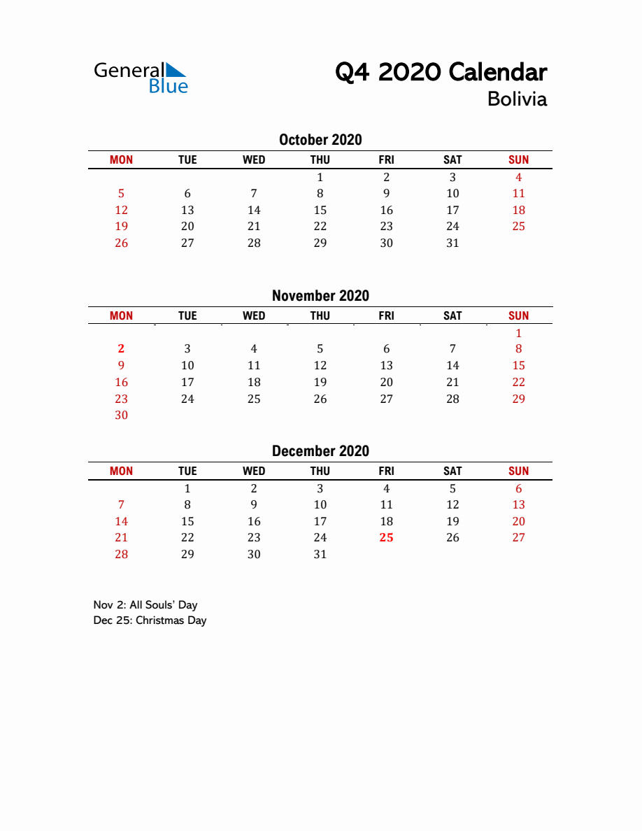 2020 Q4 Calendar with Holidays List for Bolivia - Monday Start
