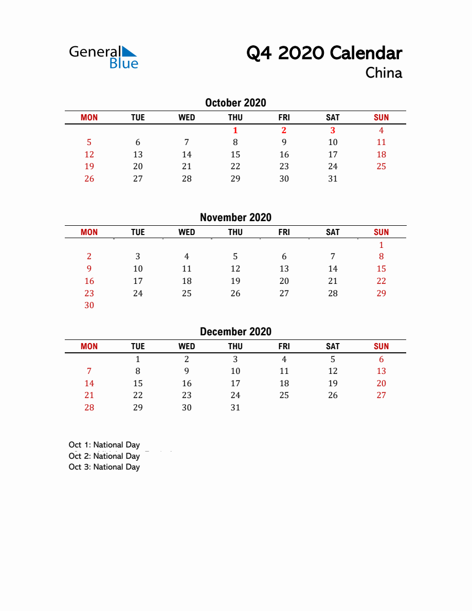 2020 Q4 Calendar with Holidays List for China - Monday Start
