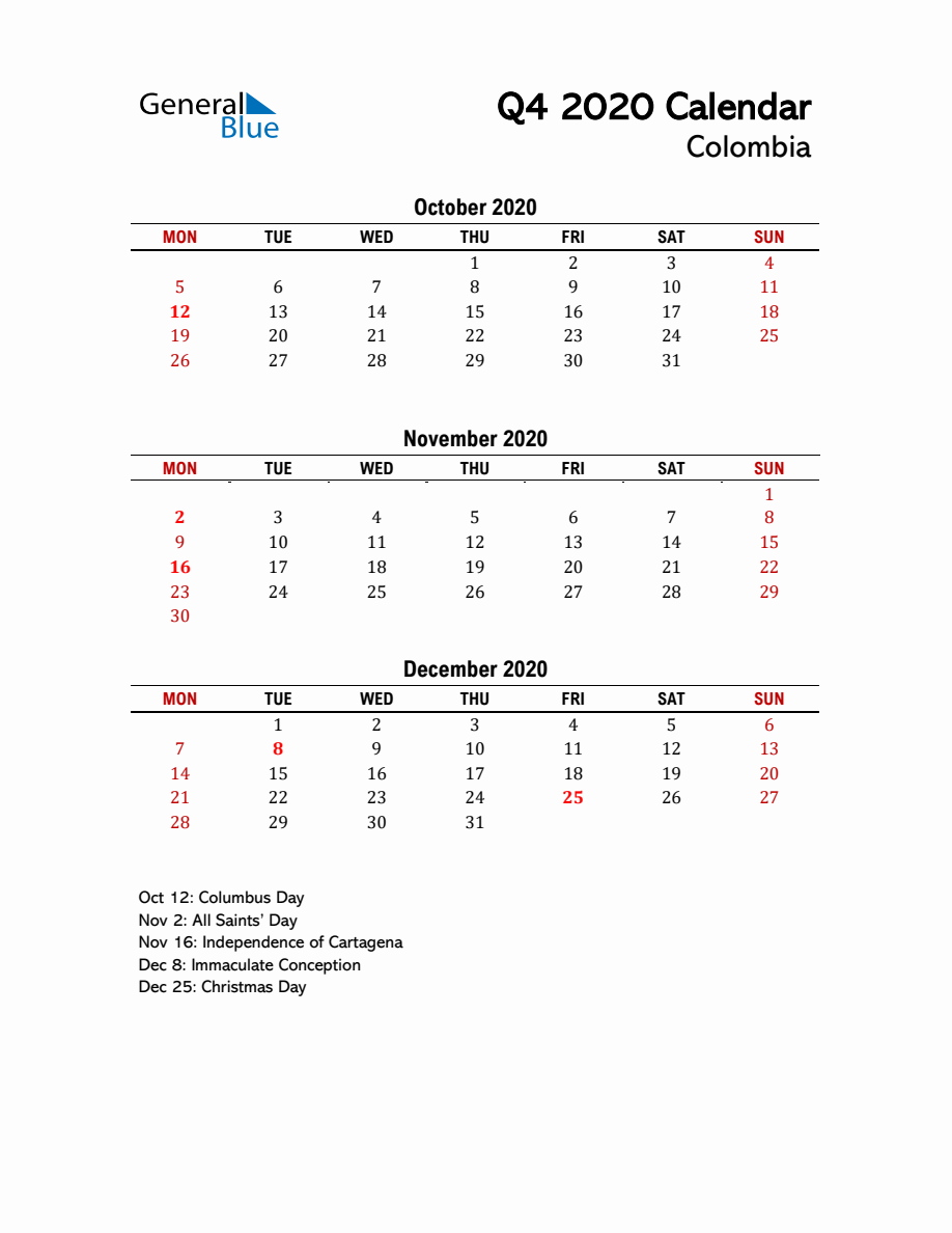 2020 Q4 Calendar with Holidays List for Colombia