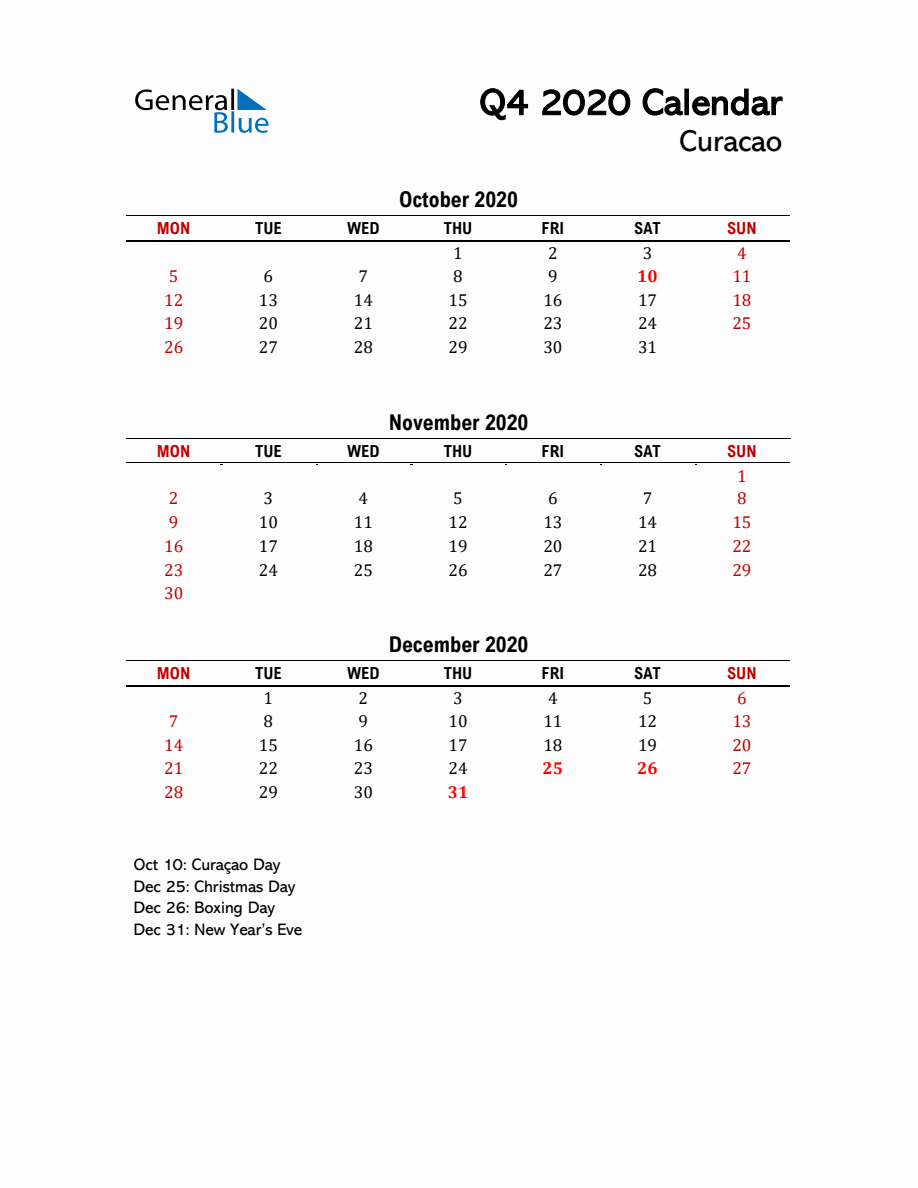 2020 Q4 Calendar with Holidays List for Curacao