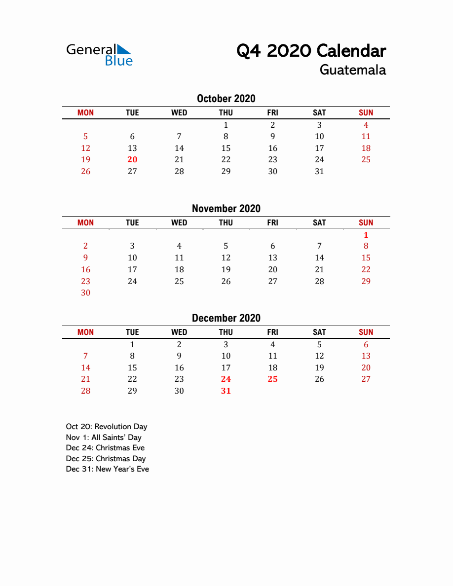 2020 Q4 Calendar with Holidays List for Guatemala - Monday Start