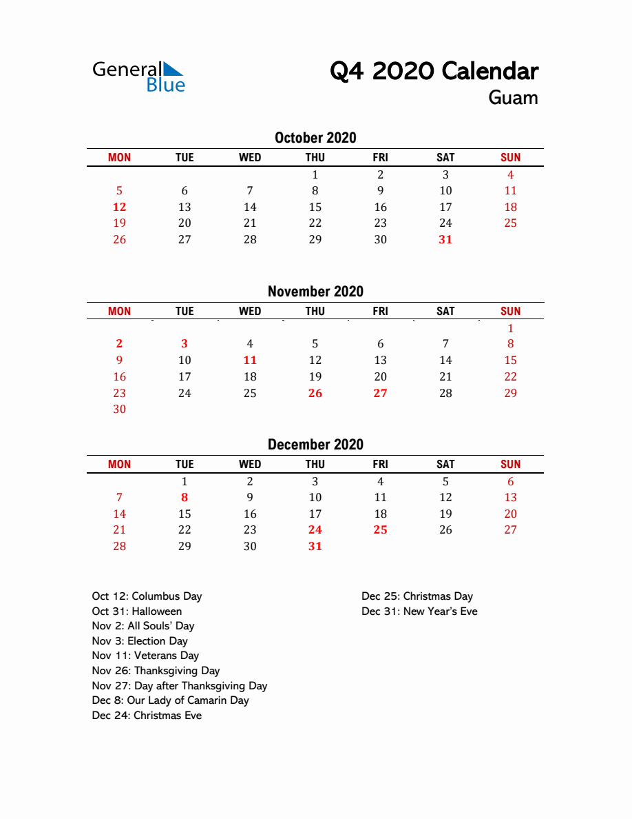 2020 Q4 Calendar with Holidays List for Guam