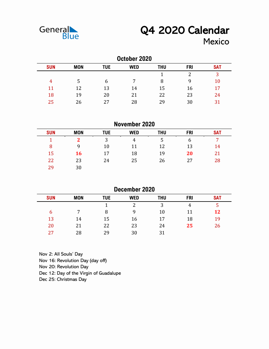 2020 Q4 Calendar with Holidays List for Mexico