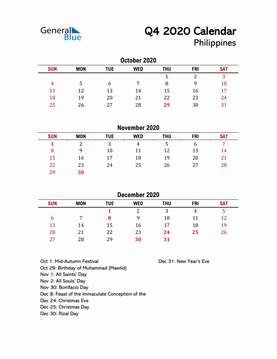 2020 Q4 Calendar with Holidays List for Philippines