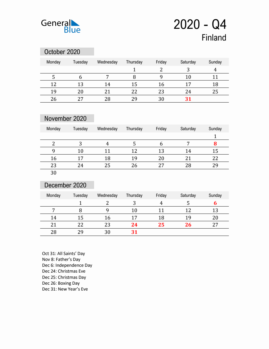 Finland Quarter 4 2020 Calendar with Holidays