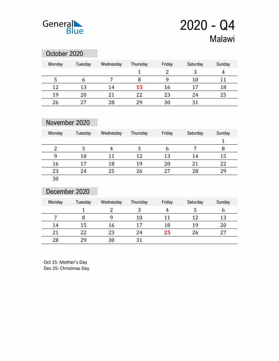 Malawi Quarter 4 2020 Calendar with Holidays
