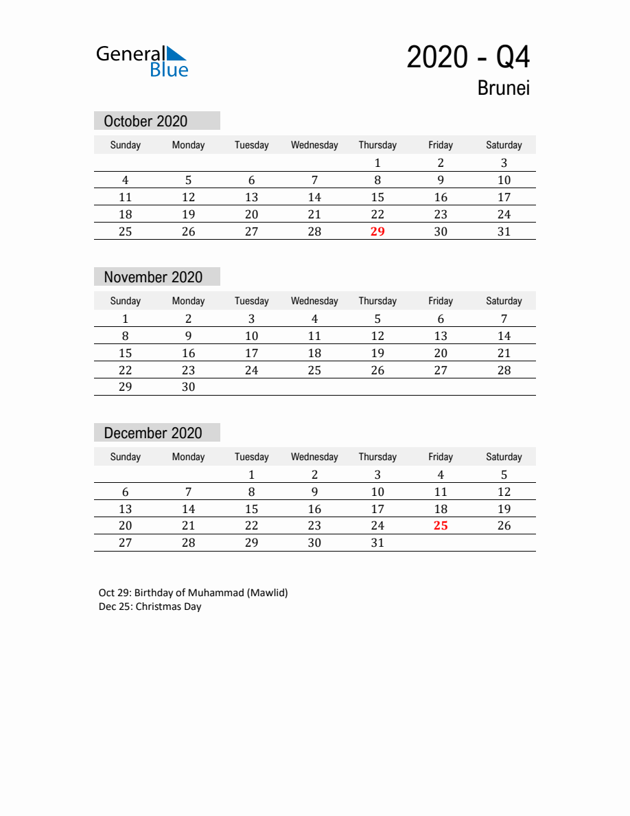 Brunei Quarter 4 2020 Calendar with Holidays