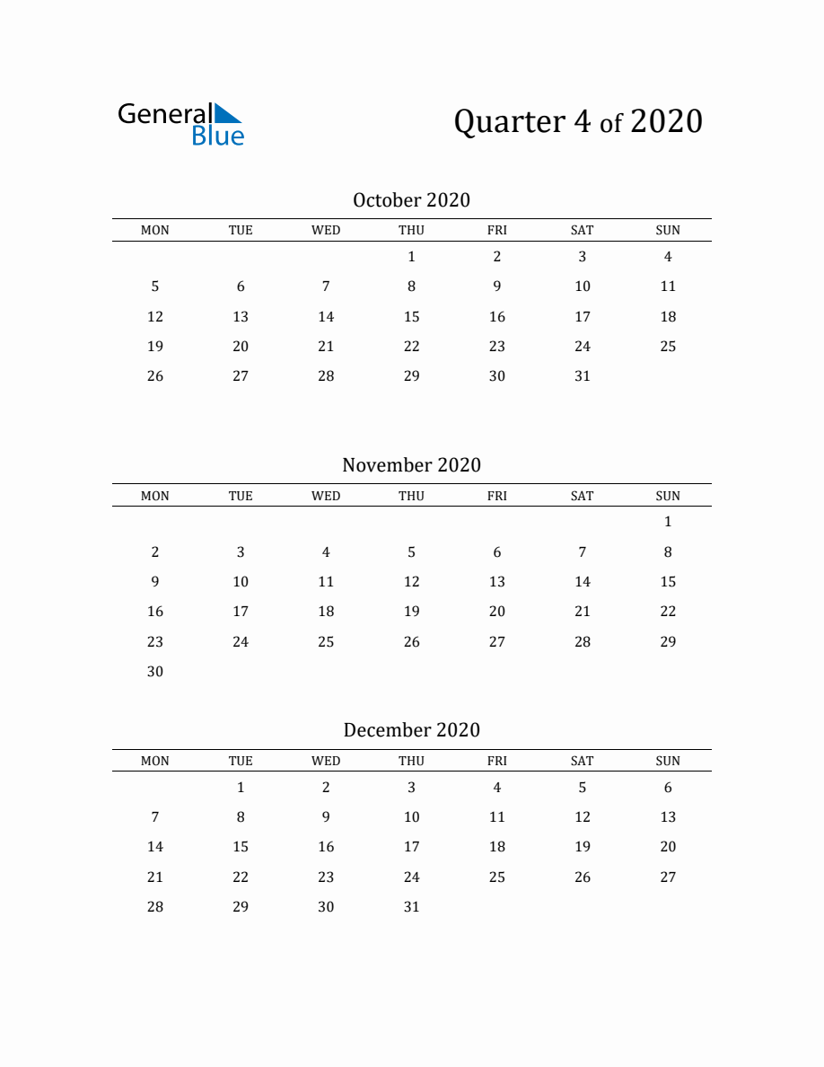 2020 Three-Month Calendar Template with Monday Start - Quarter 4