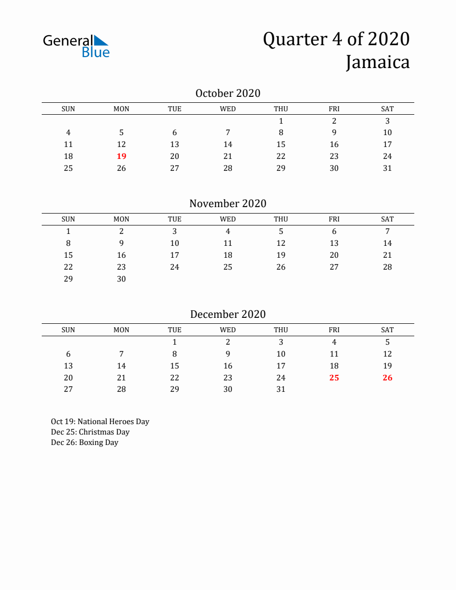 Quarter 4 2020 Jamaica Quarterly Calendar