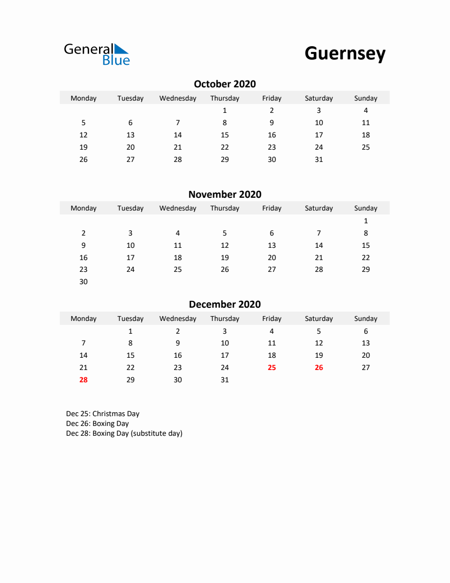Printable Quarterly Calendar with Notes and Guernsey Holidays- Q4 of 2020