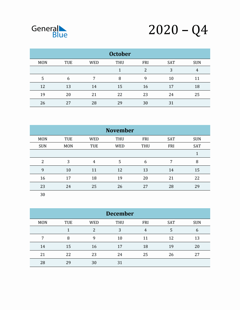 Blank Q4 Quarterly Calendar 2020 (October, November and December ...