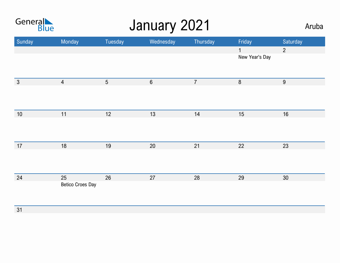 January 2021 Monthly Calendars with Aruba Holidays
