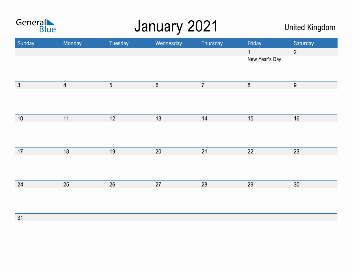 January 2021 Monthly Calendars with United Kingdom Holidays