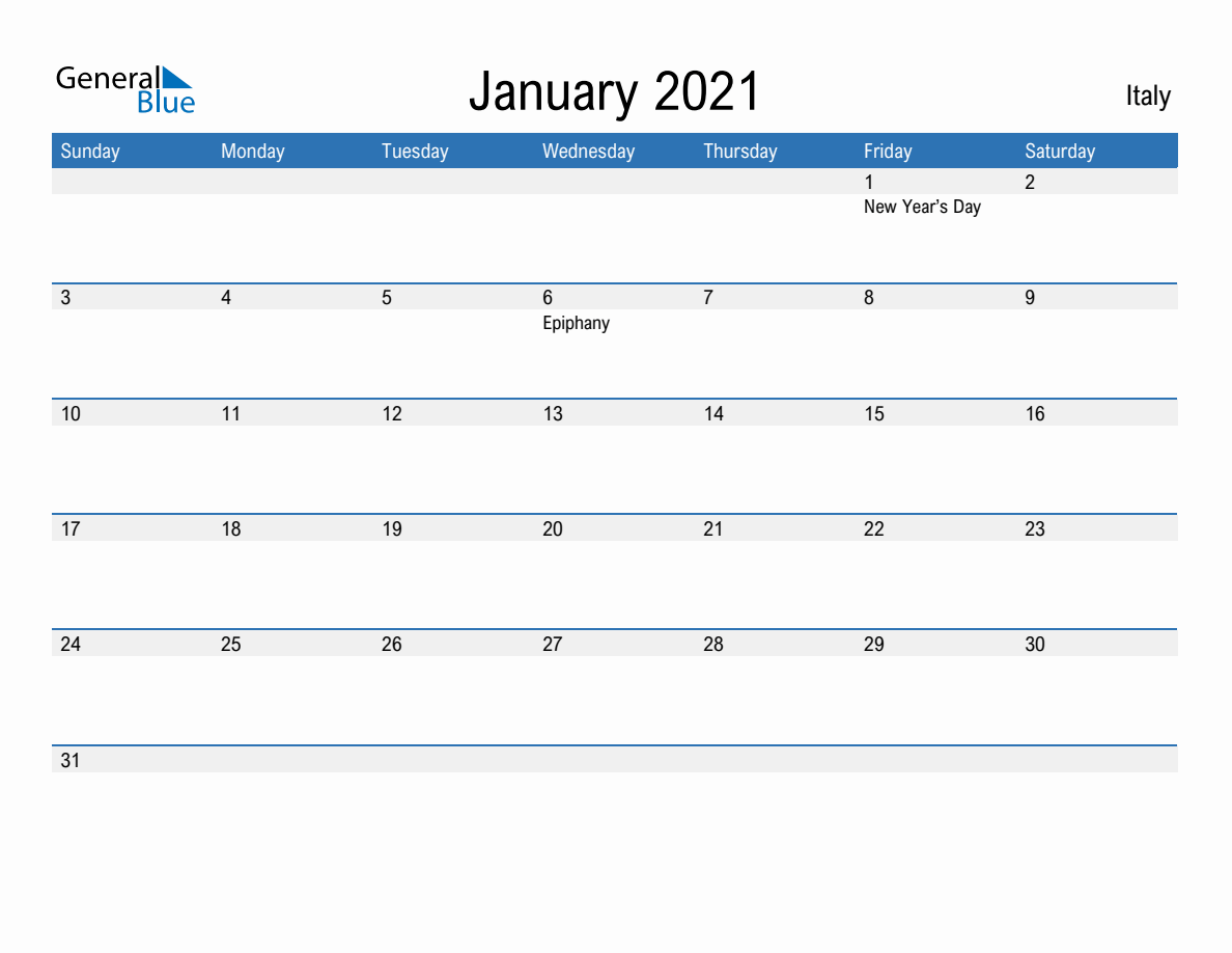 January 2021 Monthly Calendars with Italy Holidays