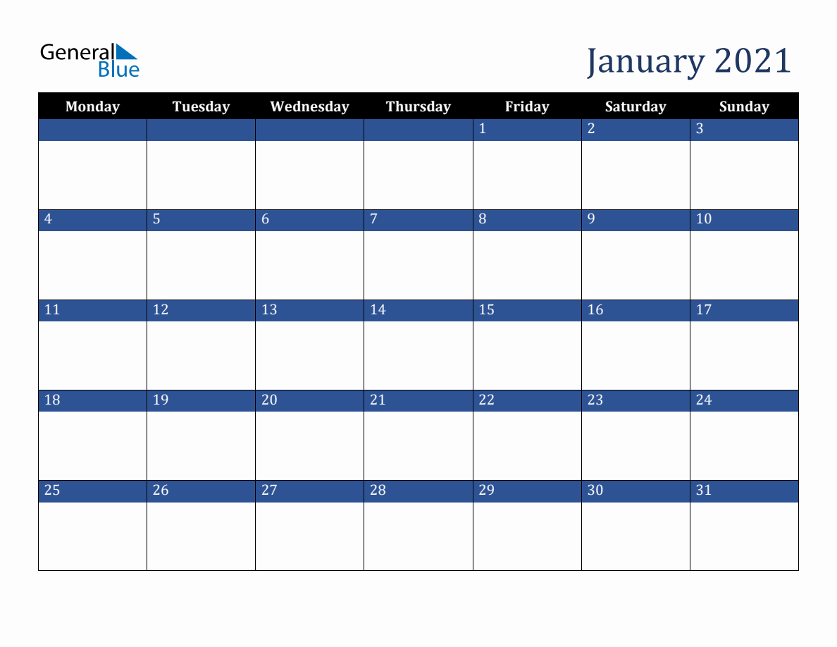 January 2021 Downloadable Calendar - Monday Start