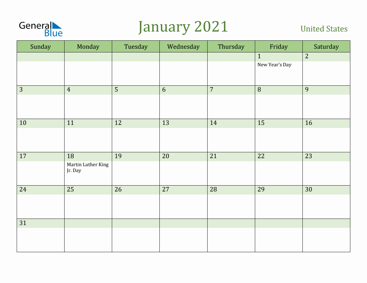 Fillable Holiday Calendar for United States - January 2021