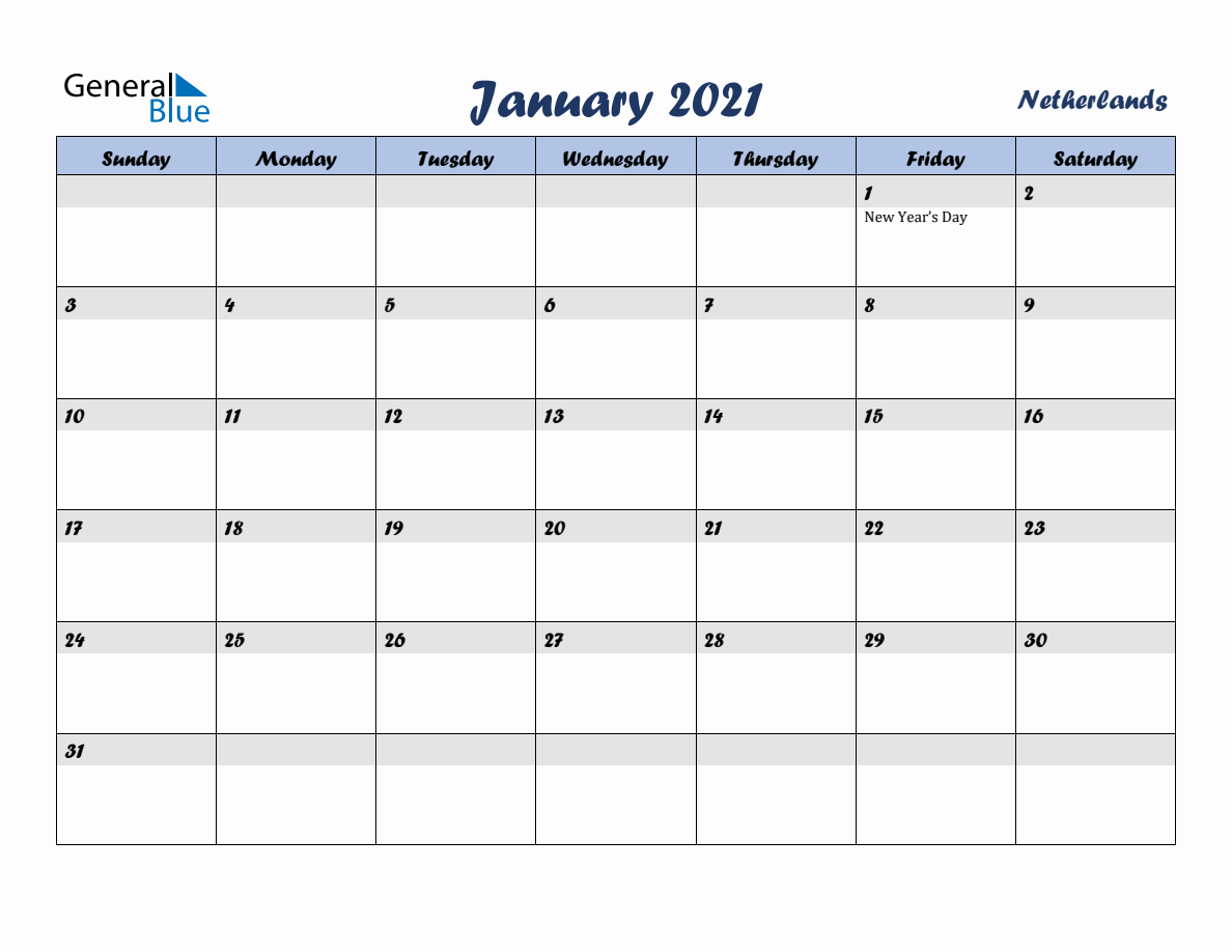 January 2021 Monthly Calendar Template with Holidays for The Netherlands