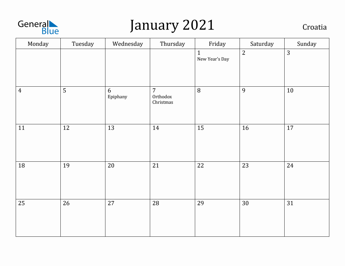 January 2021 Monthly Calendar with Croatia Holidays (Monday Start)
