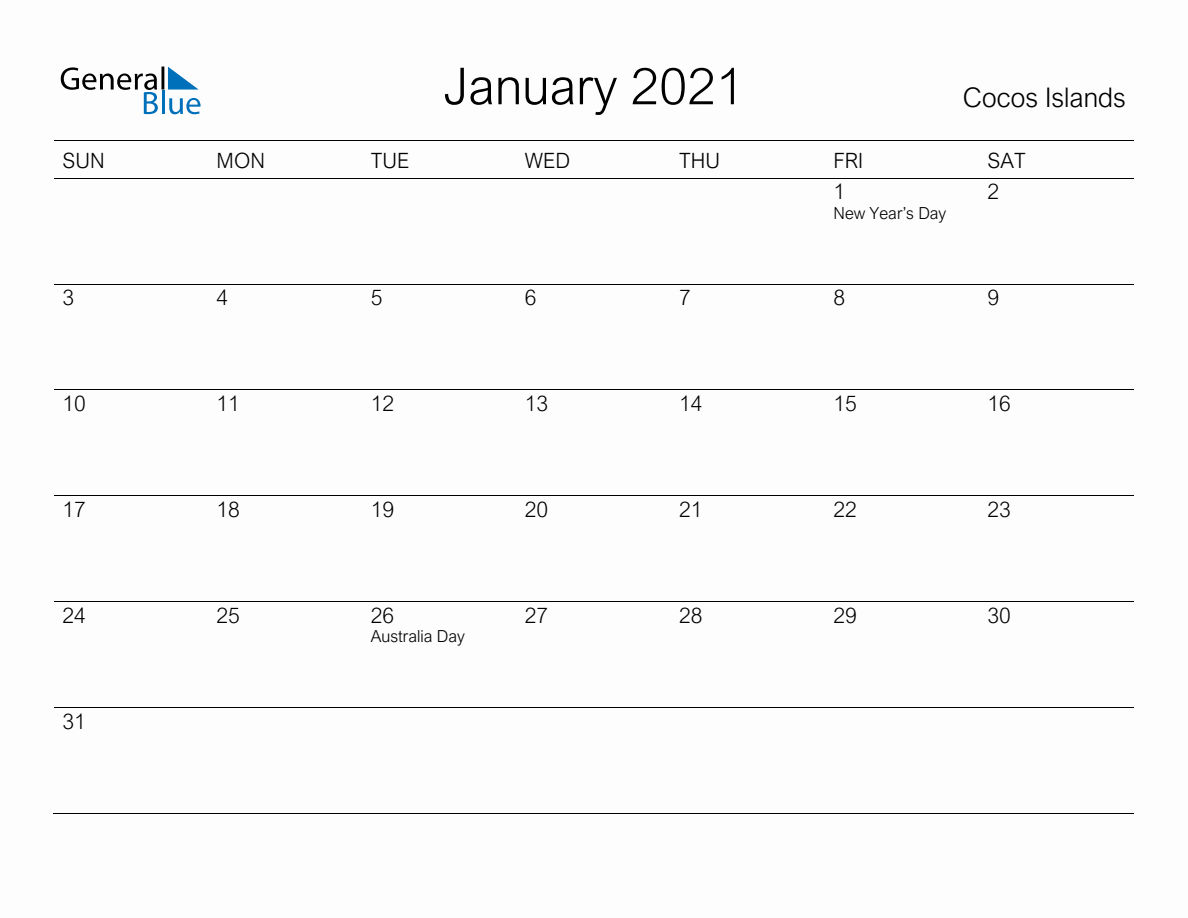 Printable January 2021 Monthly Calendar with Holidays for Cocos Islands