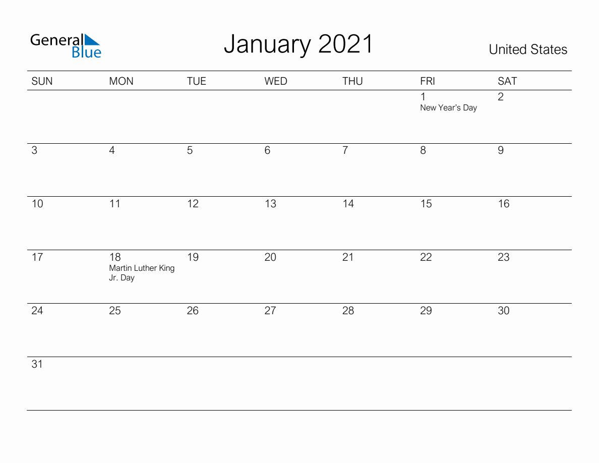 Printable January 2021 Monthly Calendar with Holidays for United States