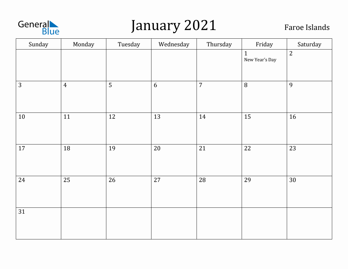 January 2021 Monthly Calendar with Faroe Islands Holidays