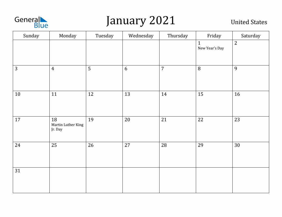 January 2021 Monthly Calendar with United States Holidays