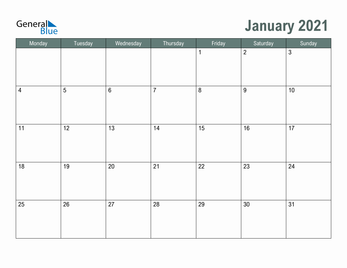 Blank January 2021 Monthly Calendar Template