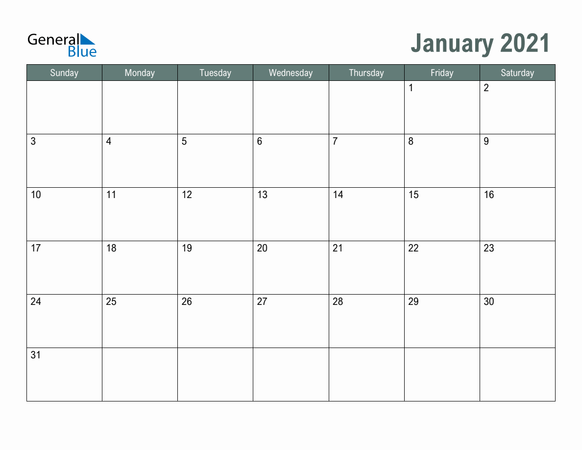 Blank January 2021 Monthly Calendar Template