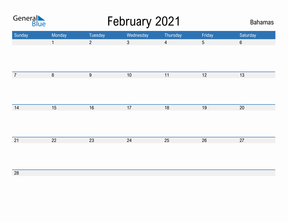 February 2021 Monthly Calendars with Bahamas Holidays