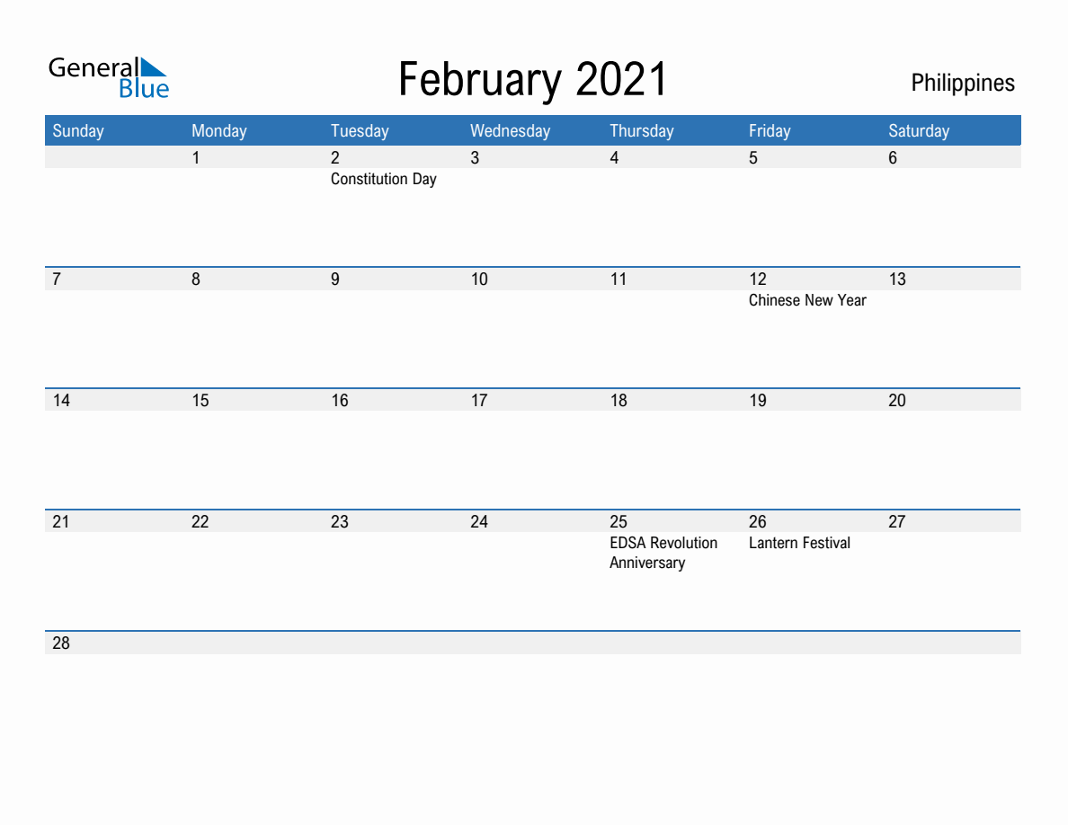 February 2021 Monthly Calendars with Philippines Holidays