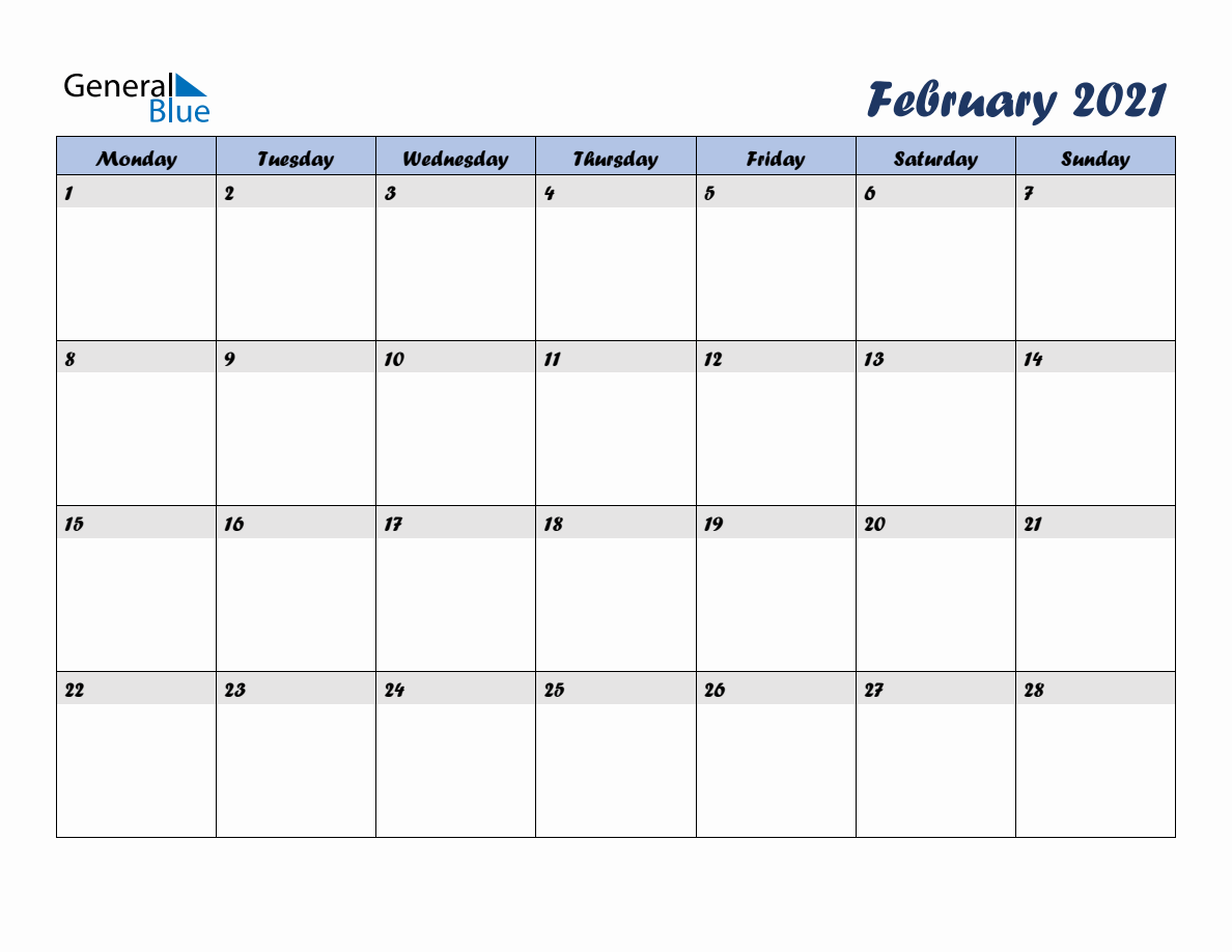 Free February 2021 Monthly Editable Calendar - Monday Start