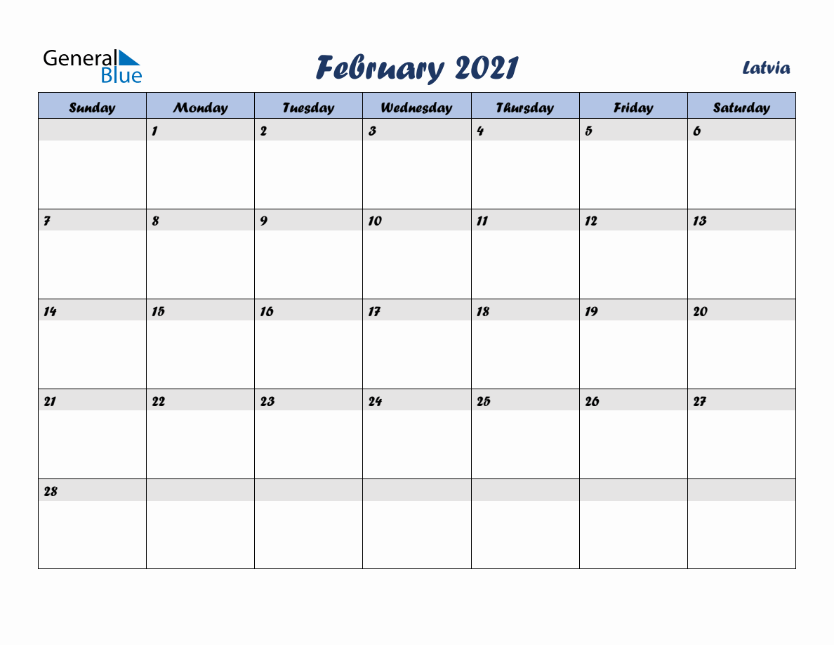 February 2021 Monthly Calendar Template with Holidays for Latvia