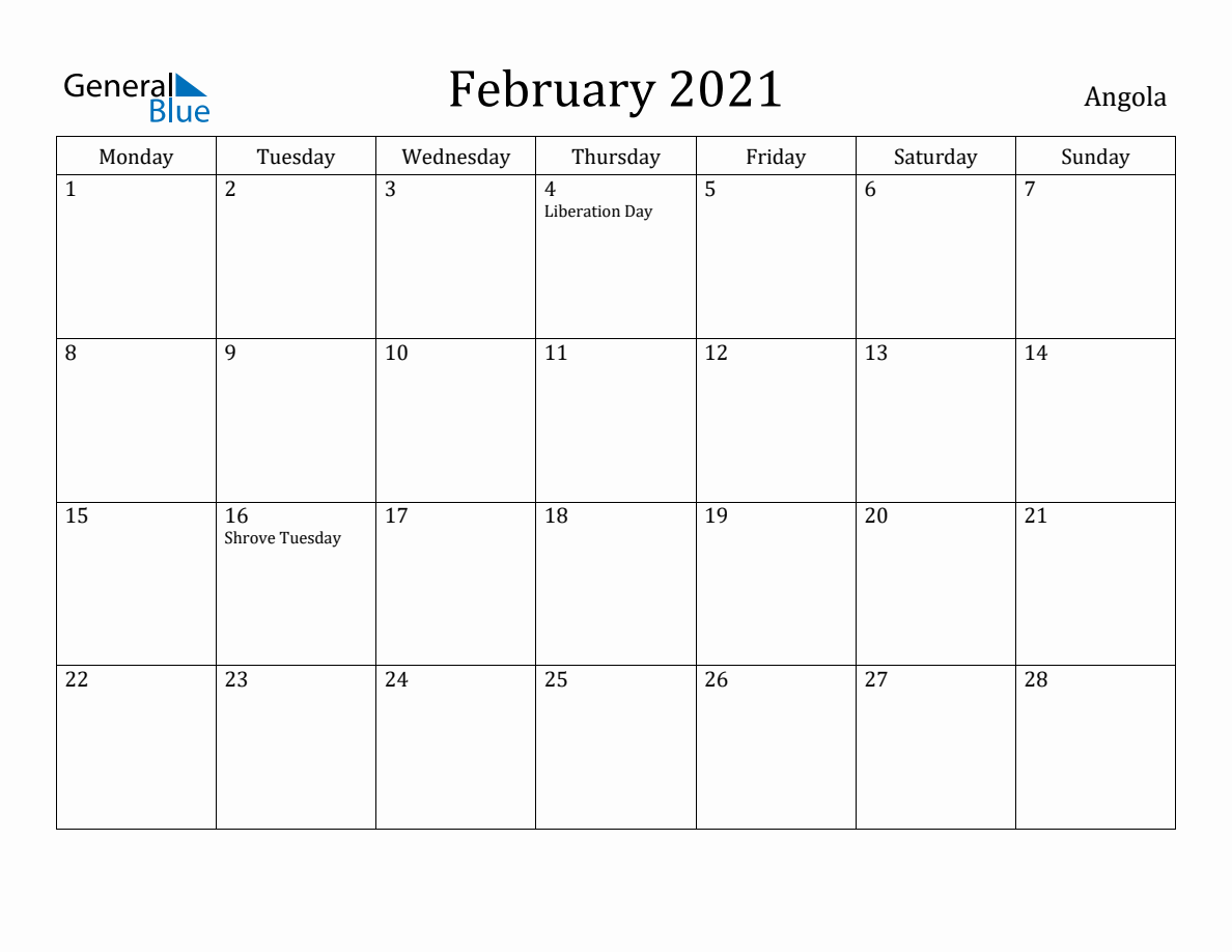 Angola Monthly Calendar - February 2021 (Monday Start)