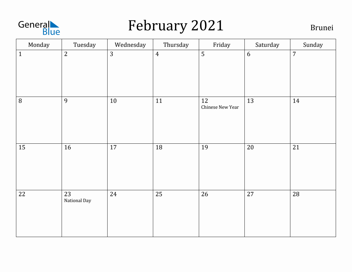 Brunei Monthly Calendar - February 2021 (Monday Start)