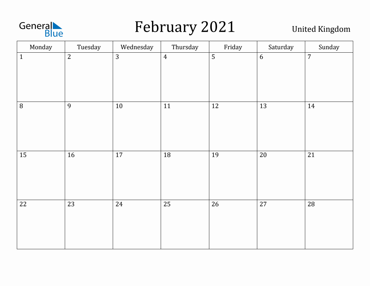 February 2021 - United Kingdom Monthly Calendar with Holidays
