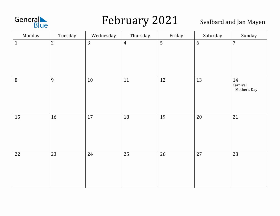 Svalbard and Jan Mayen Monthly Calendar - February 2021 (Monday Start)