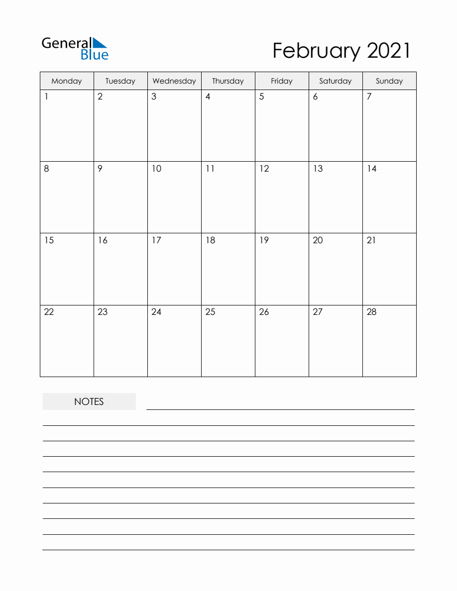 February 2021 Monthly Planner Calendar - Monday Start