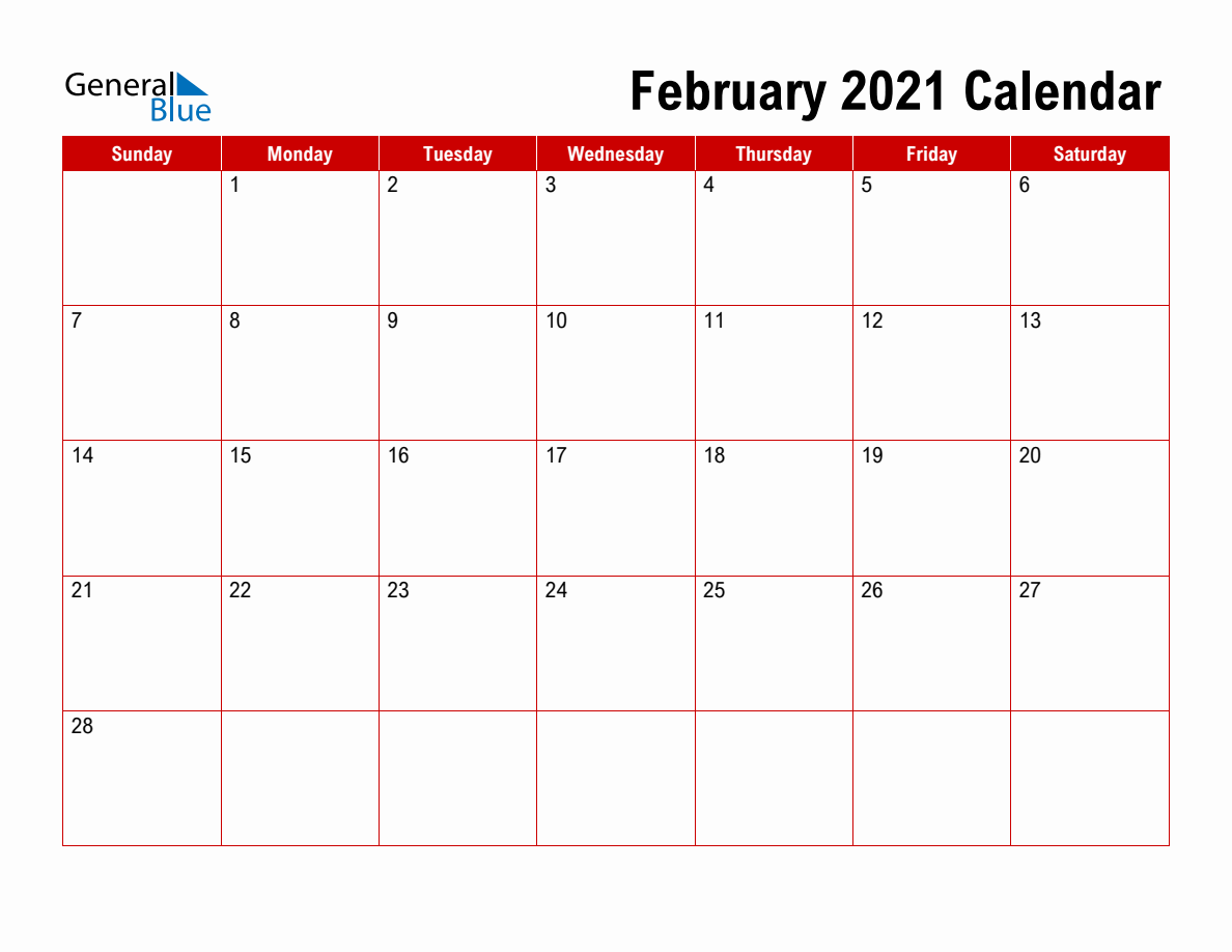 Basic Monthly Calendar - February 2021