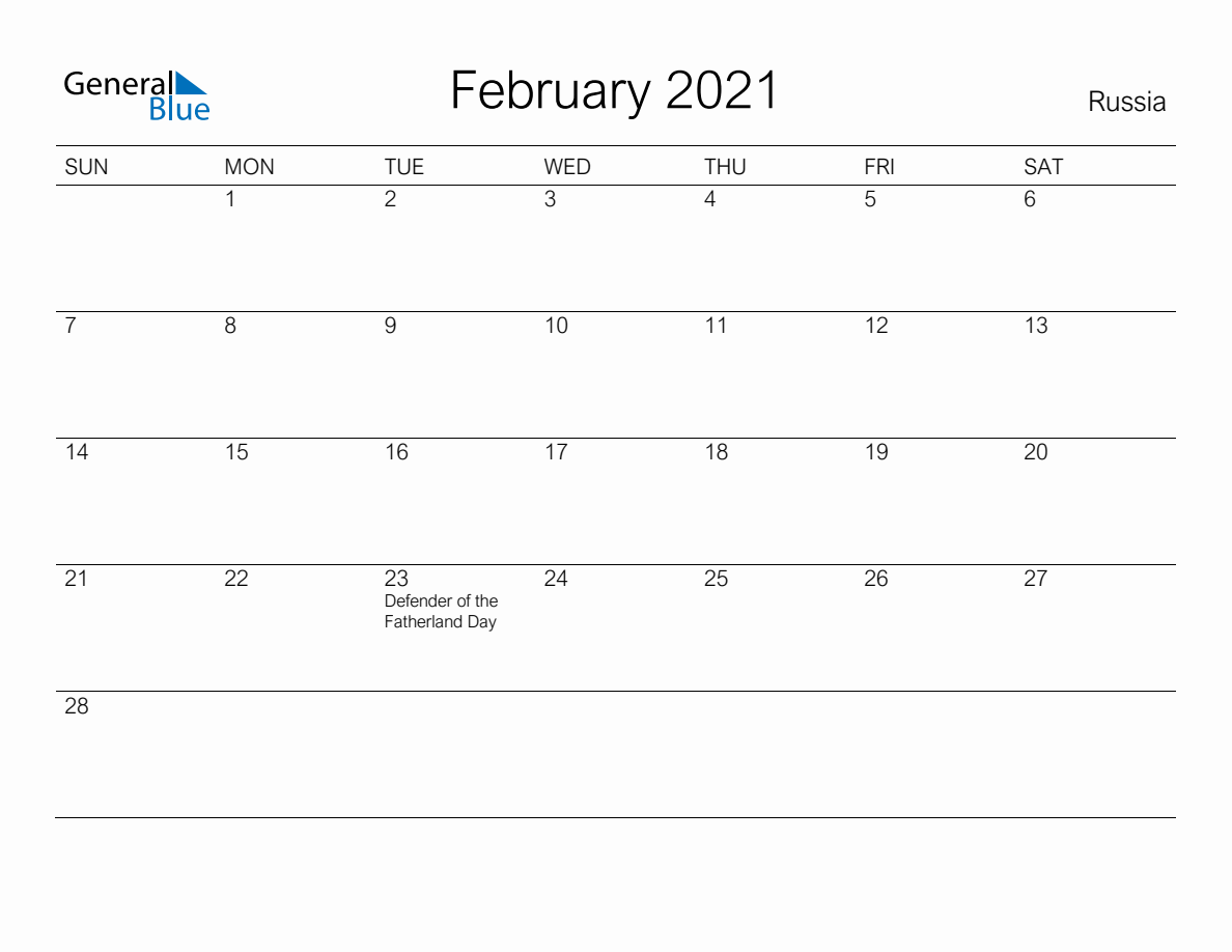 Printable February 2021 Monthly Calendar with Holidays for Russia