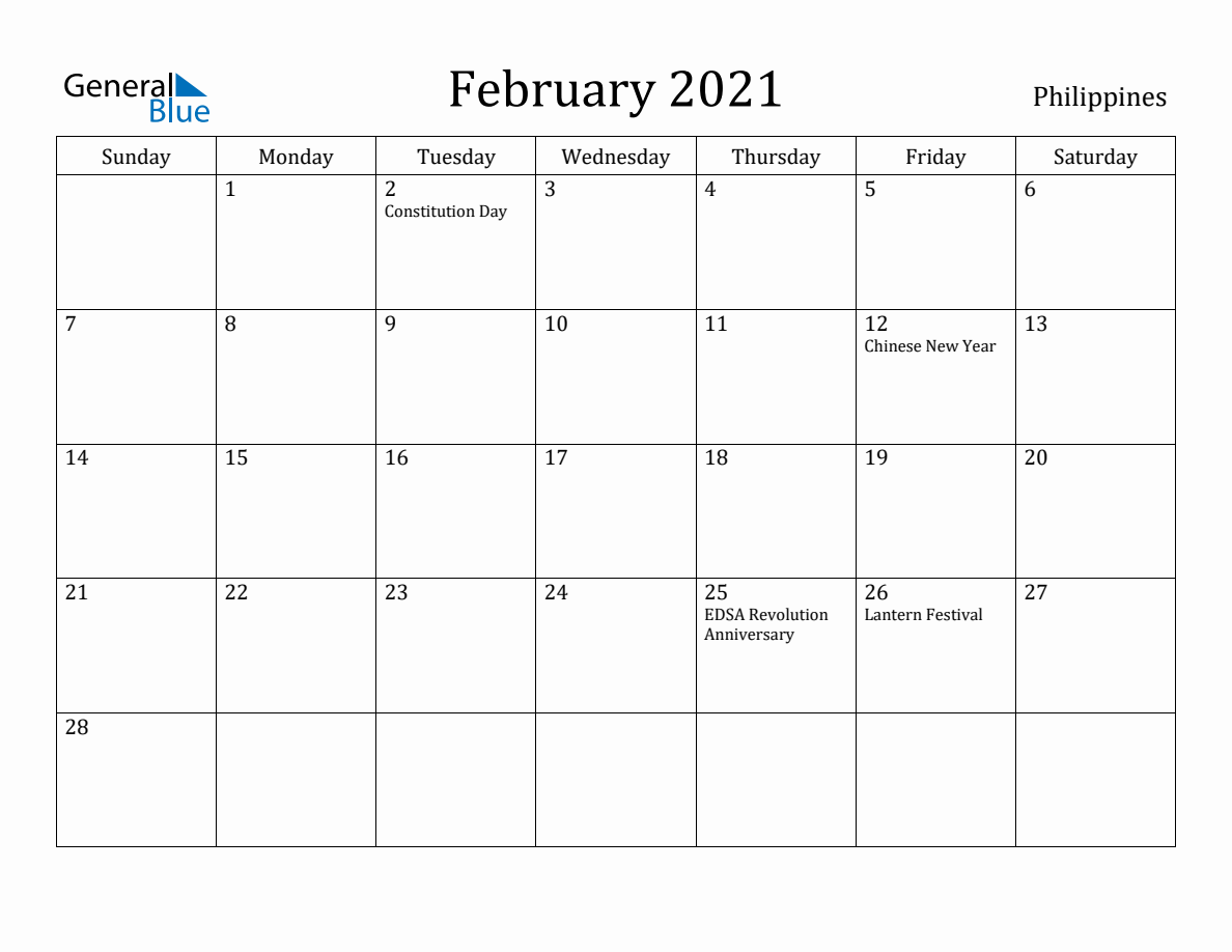 February 2021 Monthly Calendar with Philippines Holidays