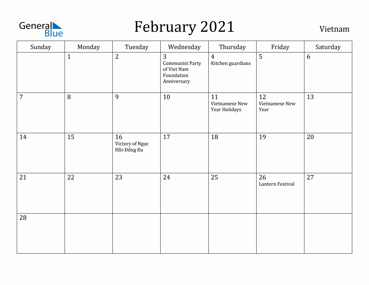 February 2021 Monthly Calendar with Vietnam Holidays