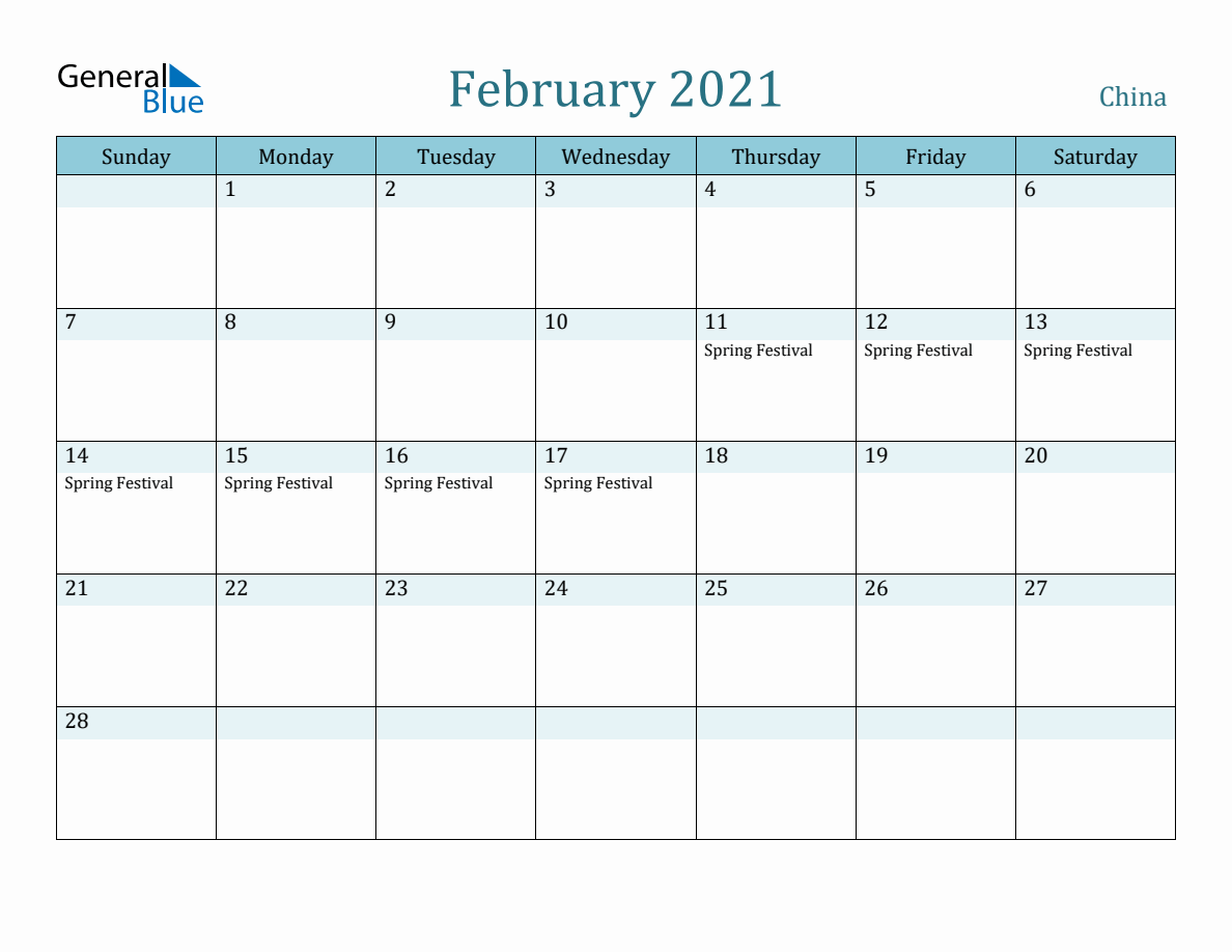 China Holiday Calendar for February 2021
