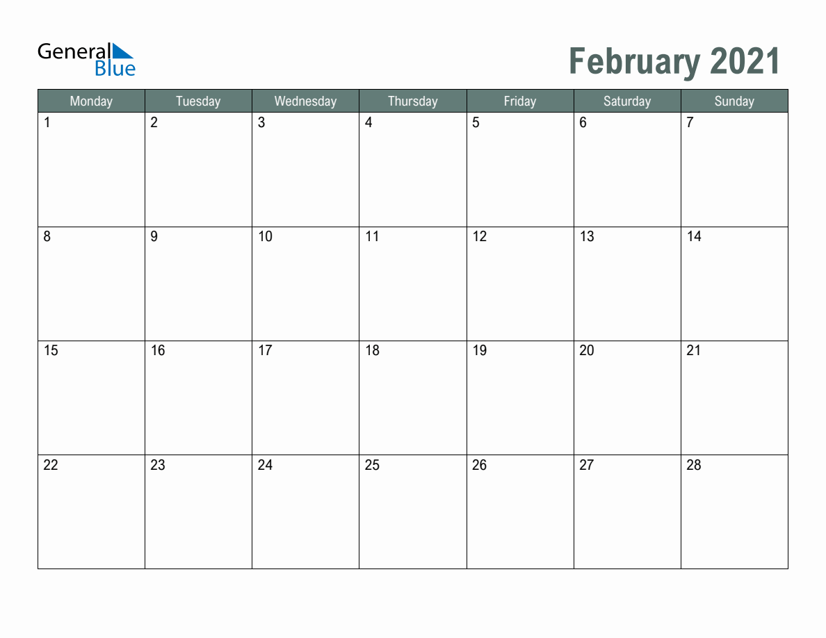 Blank February 2021 Monthly Calendar Template