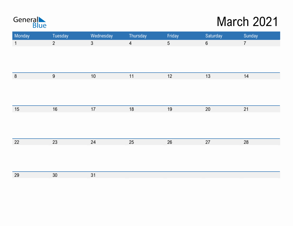 Editable Calendar Template for March 2021 - Monday Start