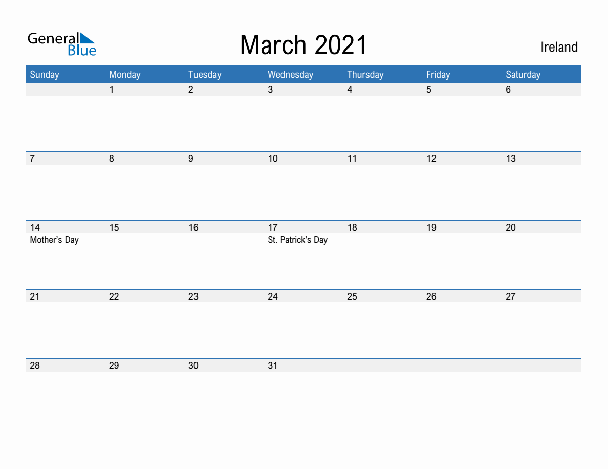 March 2021 Monthly Calendars with Ireland Holidays