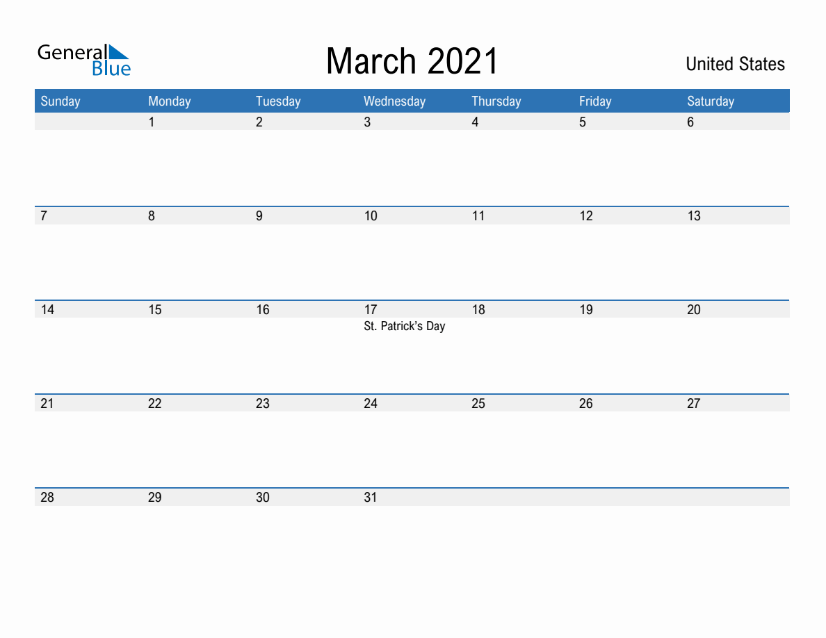 March 2021 Monthly Calendars with United States Holidays