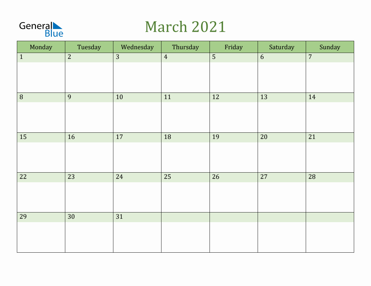 Fillable March 2021 Calendar - Monday Start