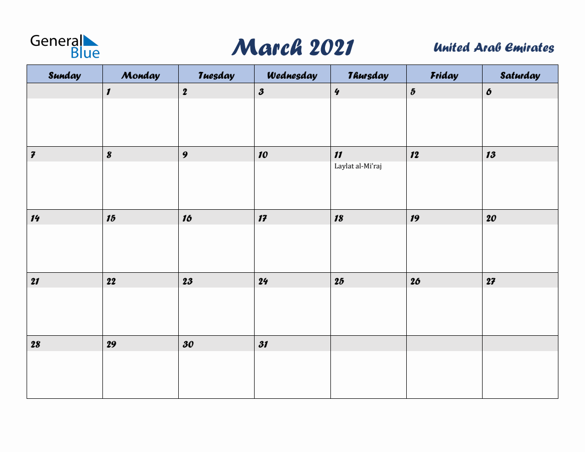 March 2021 Monthly Calendar Template with Holidays for United Arab Emirates