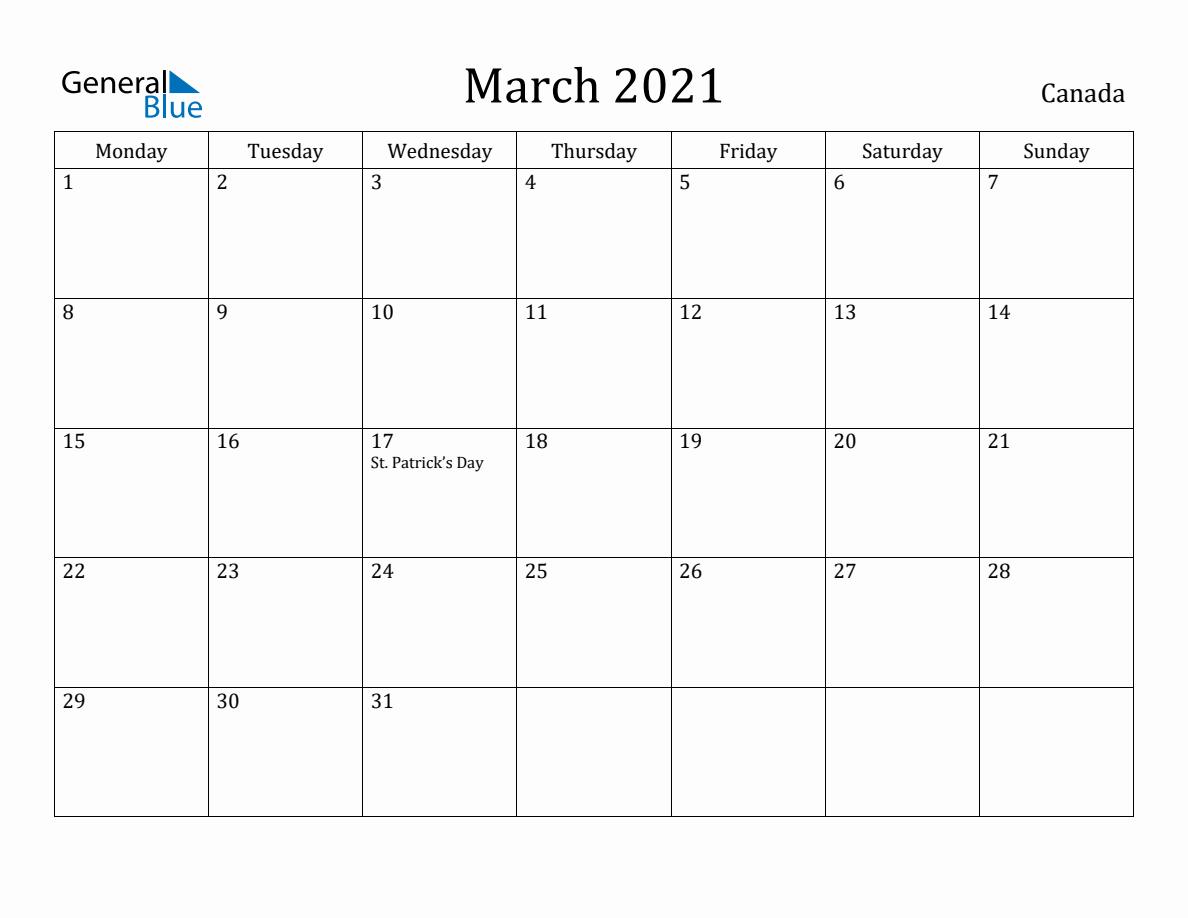 Canada Monthly Calendar - March 2021 (Monday Start)